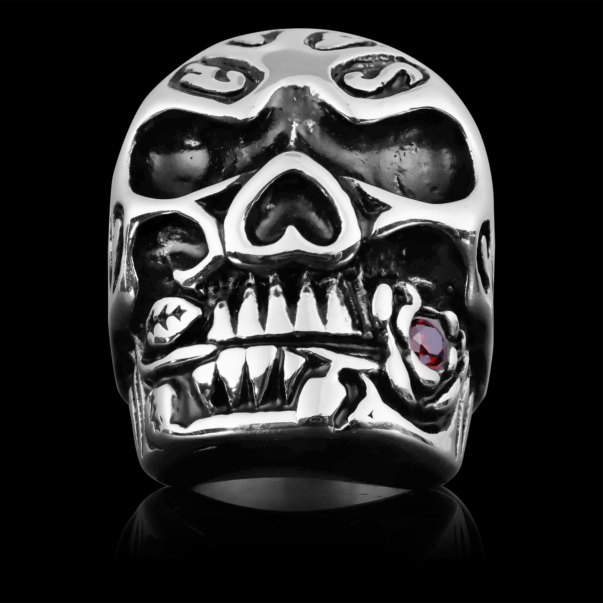 Stainless Steel Large Filigree Skull Biting Red CZ Rose Ring – Rev Moto Co